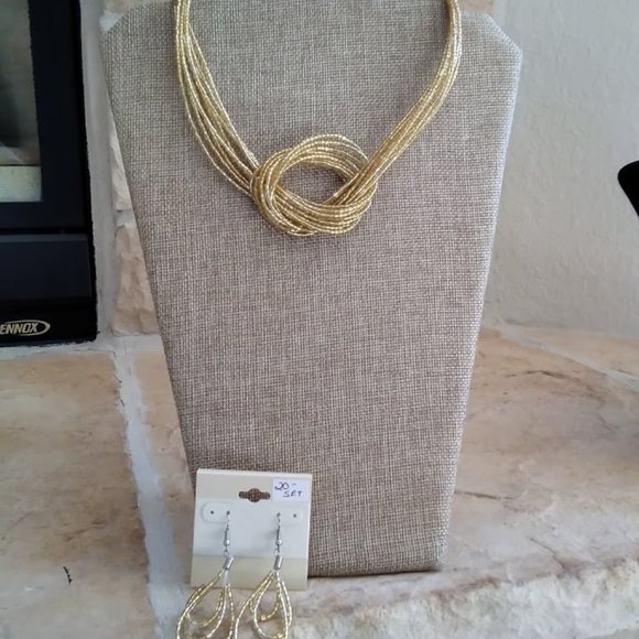 Jewelry | Nwot Gold Bugle Bead Knot Necklaceearrings | Poshmark
